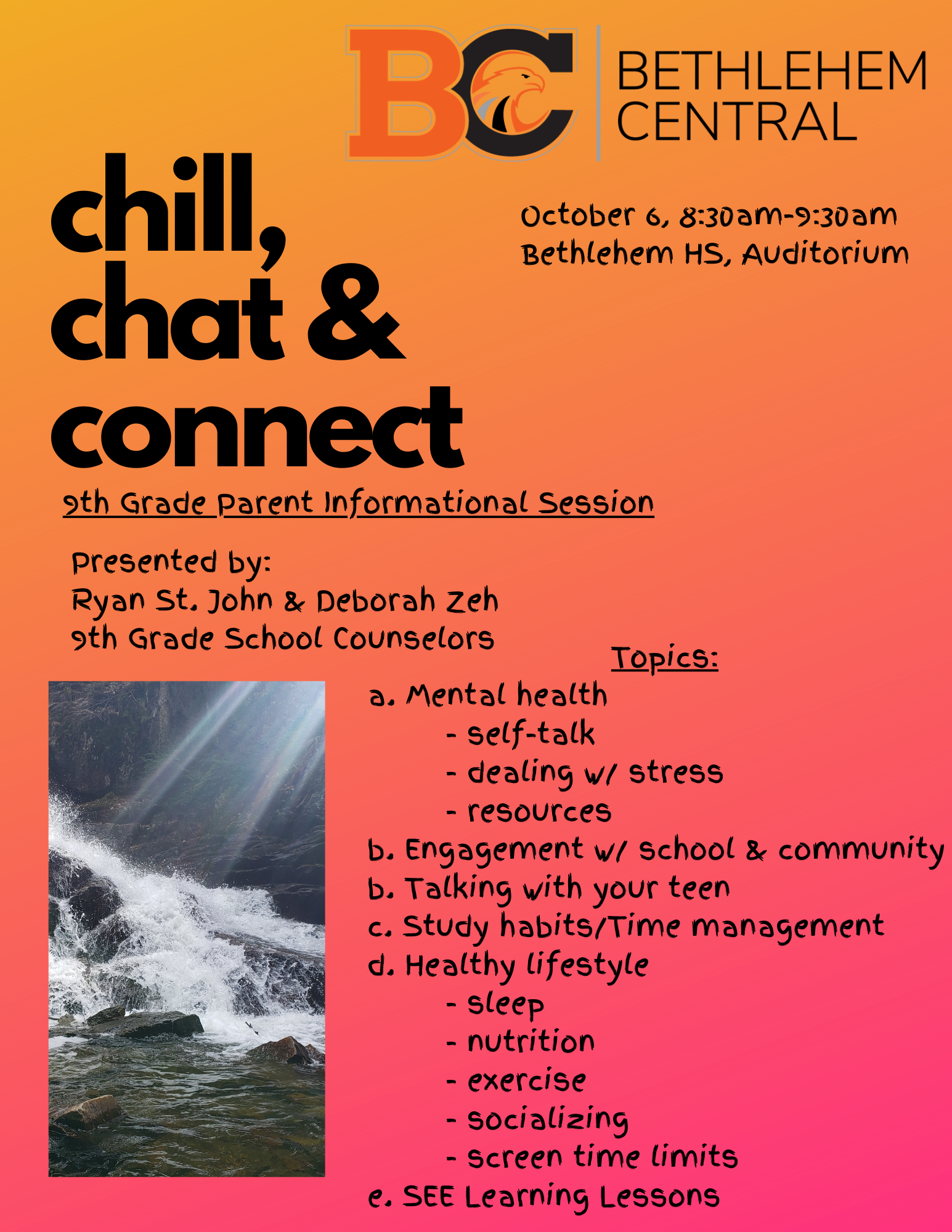 Thursday, October 6: 9th Grade Parent Information Session; chill, chat ...
